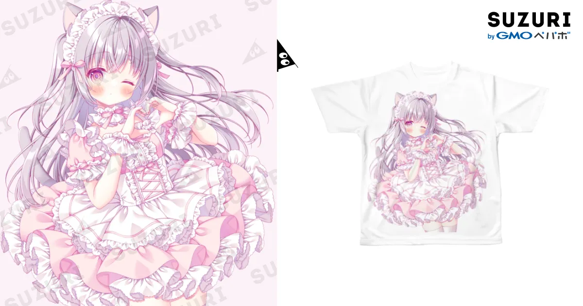 ねこみみピンクメイド / 小鳥の食事 ( pooh_piyo )のフルグラフィックTシャツ通販 ∞ SUZURI（スズリ）